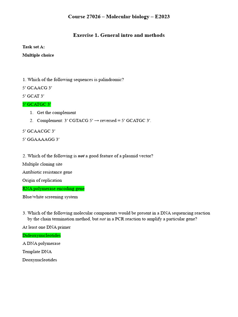 Week 1 Exercises Redone. (Mol.bio) | PDF | Primer (Molecular Biology ...