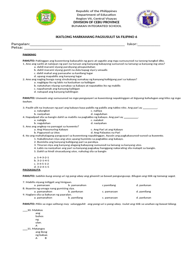 DTC - PT q3 - Filipino 6 - With Tos Key v2 | PDF