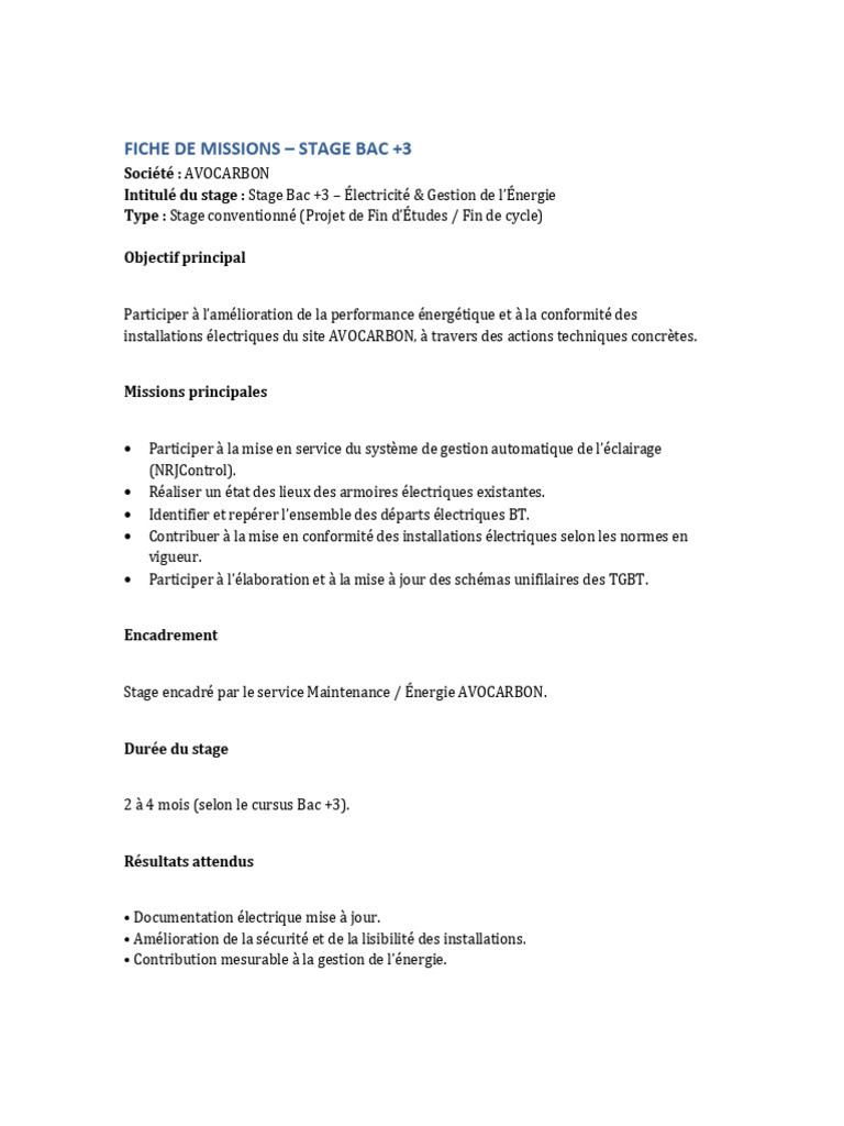 Fiche Missions Stage Bac+3 AVOCARBON | PDF