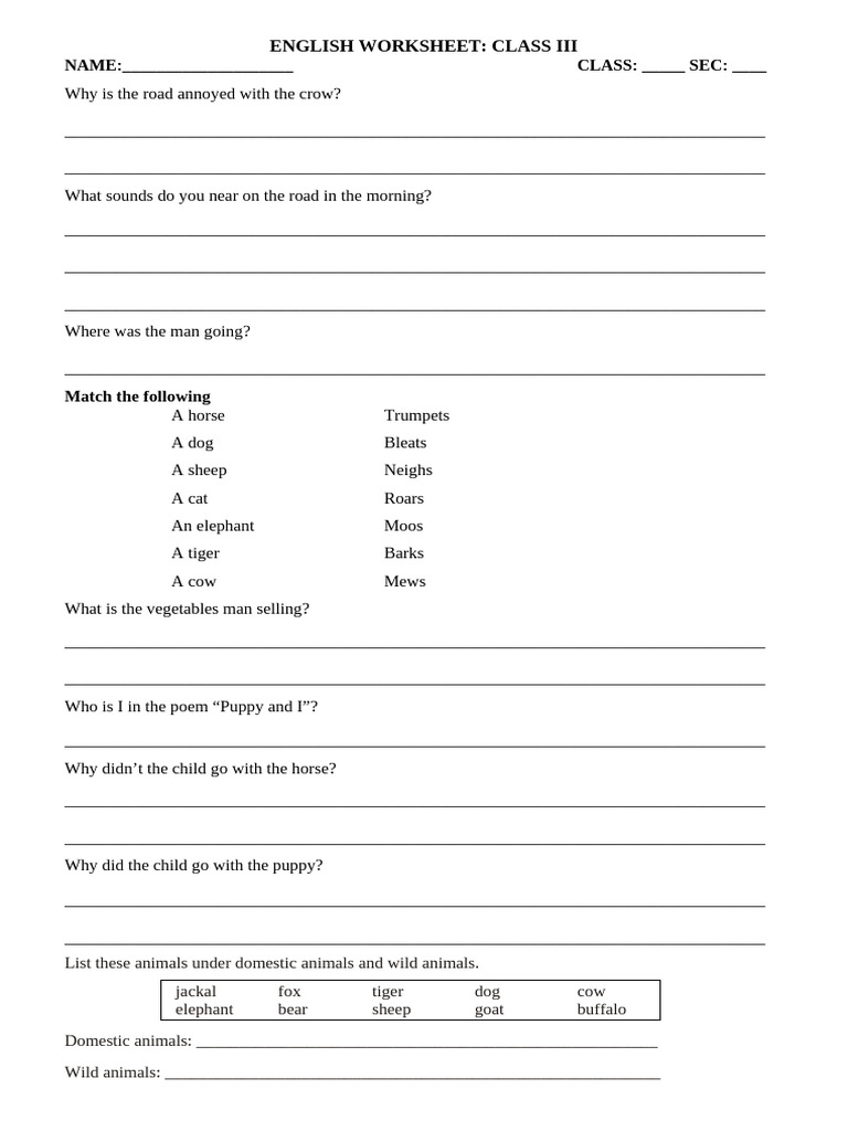 English Question Answer Worksheet Class III a 25-11-2013 | PDF | Sheep ...