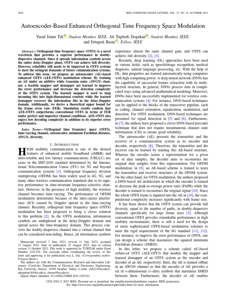 Autoencoder-Based Enhanced Orthogonal Time Frequency Space Modulation ...