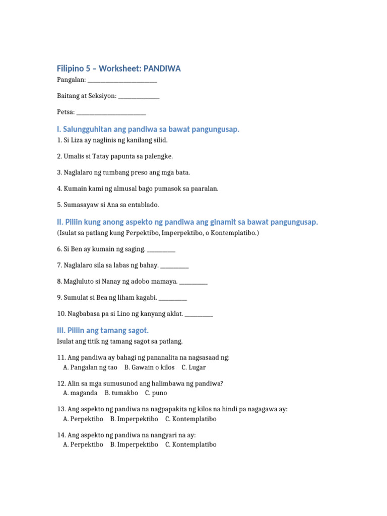 Filipino5 Pandiwa Worksheet | PDF