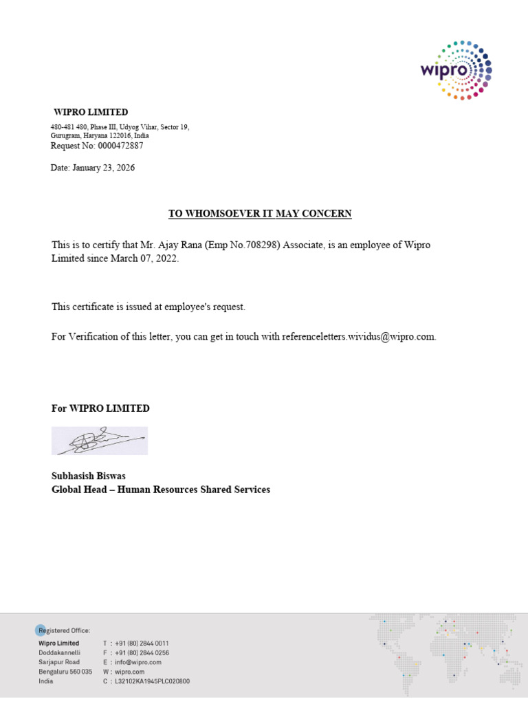 Wipro Verification Letter | PDF