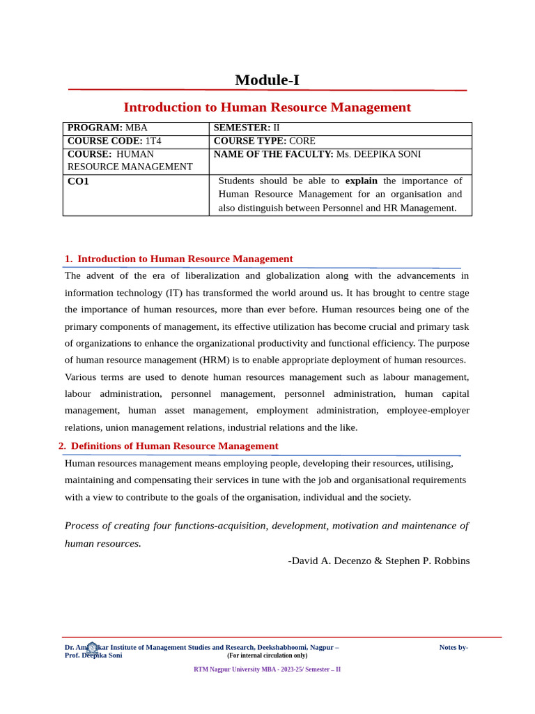 Module 01-HRM | PDF | Human Resource Management | Human Resources
