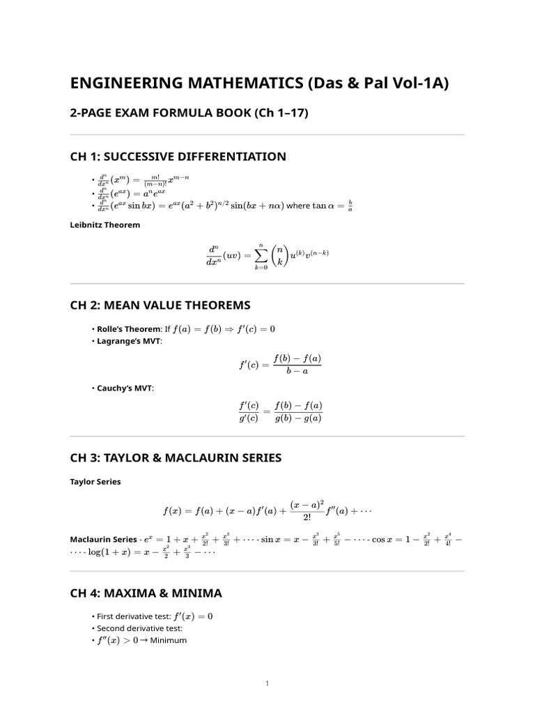 Engineering Mathematics Vol-1a – 2 Page Formula Book | PDF ...