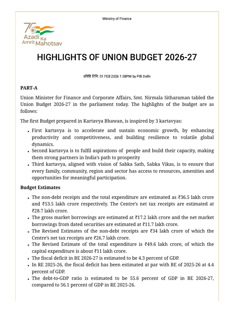 Budget Highlights 2026-27 PIB | PDF | Taxes | Customs