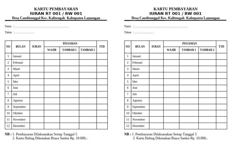 Kartu Pembayaran RT 001 RW 001 Canditunggal | PDF