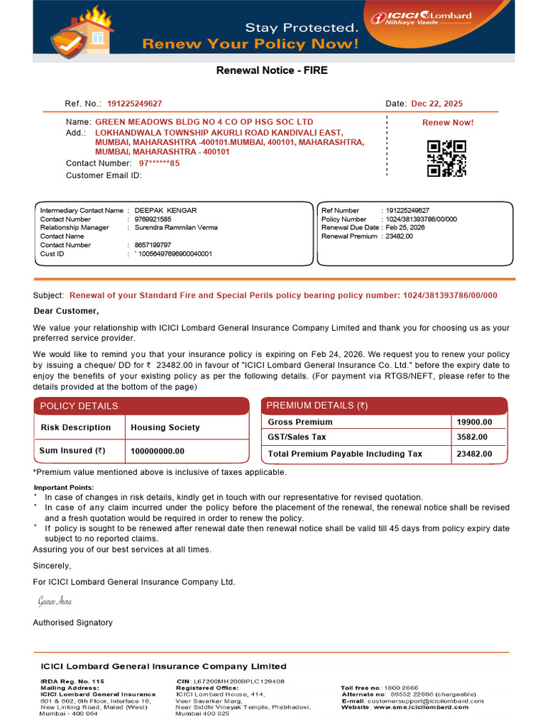 Renewal Notice - FIRE: Policy Details Premium Details | PDF | Insurance ...