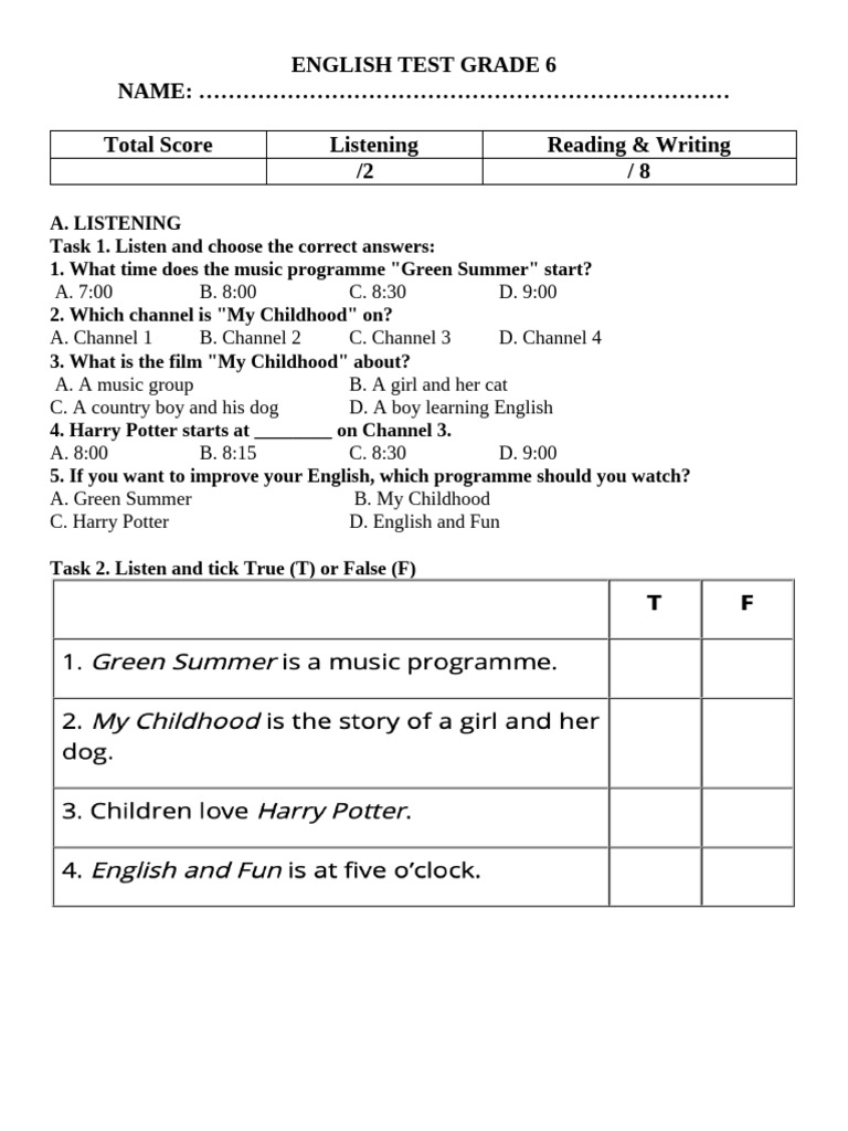 English Test Grade6 2026 | PDF