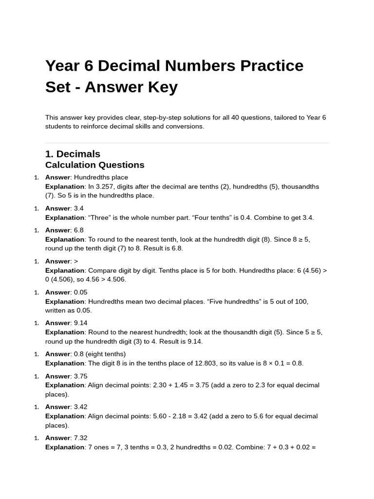 Year 6 Decimal Numbers Practice Set - Answer Key | PDF | Numbers ...