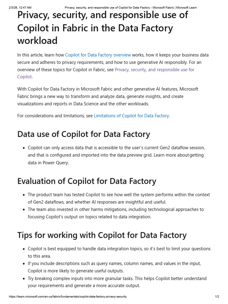 Privacy, Security, and Responsible Use of Copilot For Data Factory ...