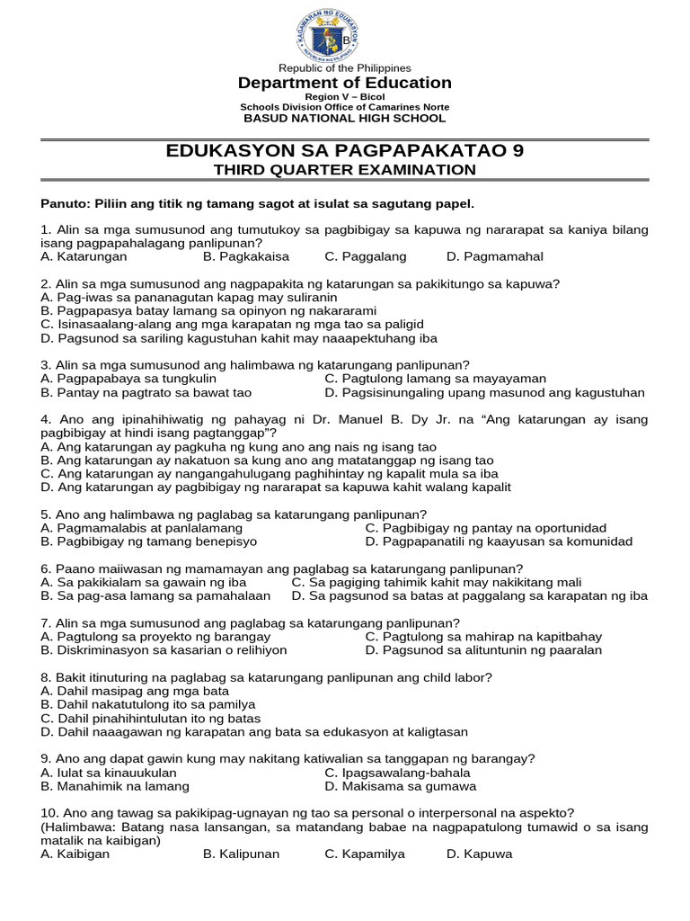 Esp 9 3rd Quarter Exam Final | PDF