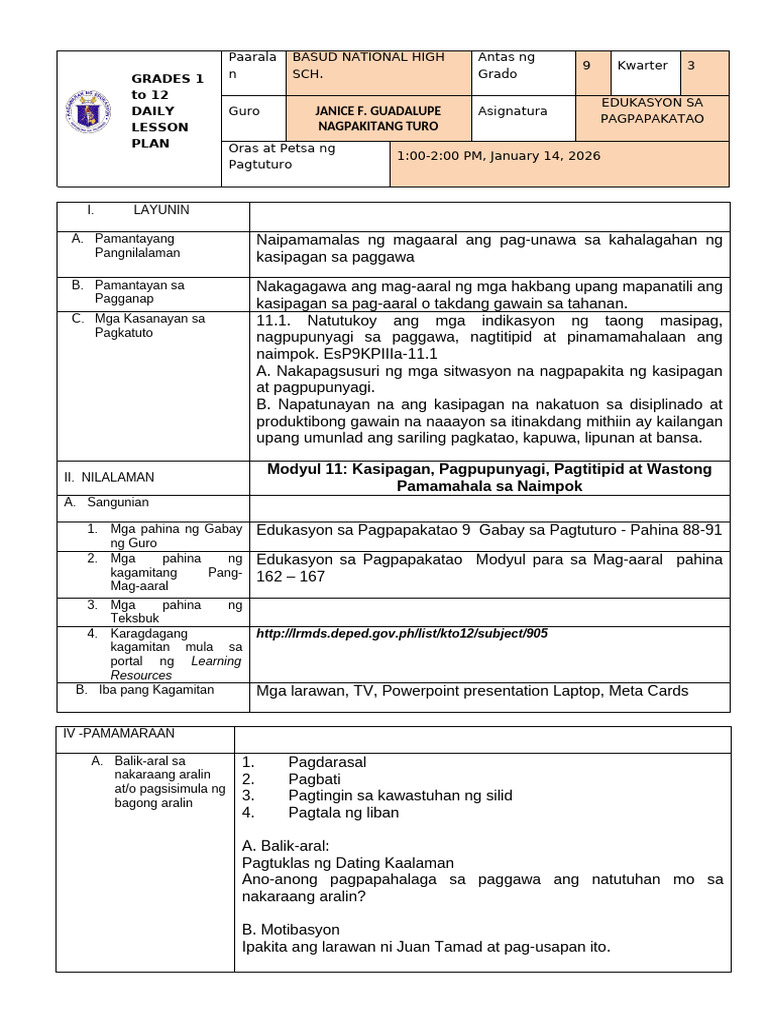 ESP 9 Q3 Modyul 11 DLP Final | PDF