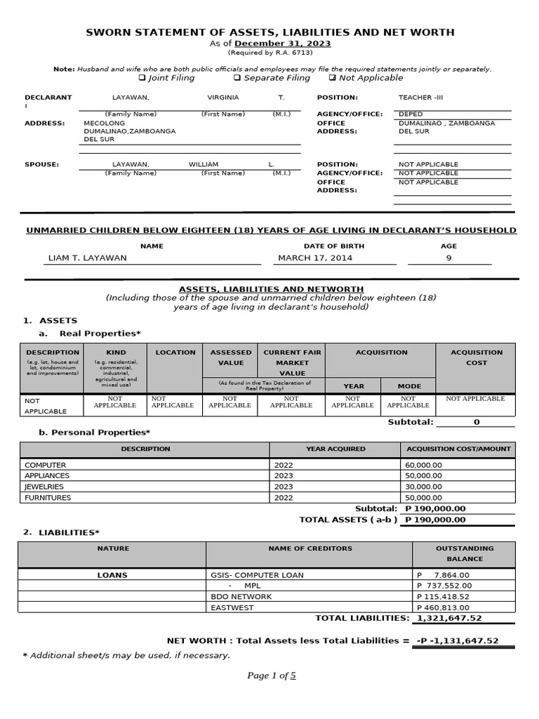 SALN- LAYAWAN 2023 | PDF | Affidavit | Business Economics