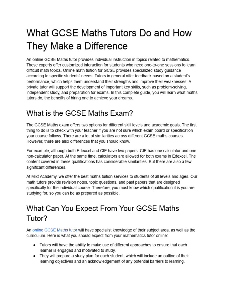 What GCSE Maths Tutors Do and How They Make a Difference | PDF ...