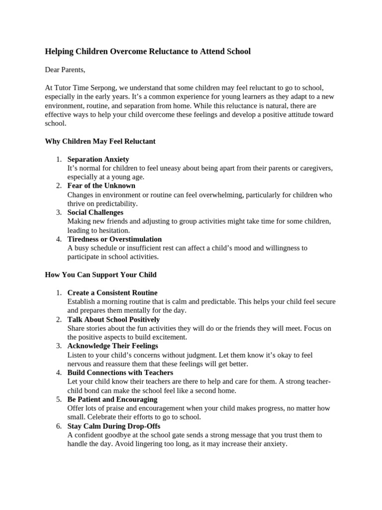 Helping Children Overcome Reluctance to Attend School | PDF | Cognition ...
