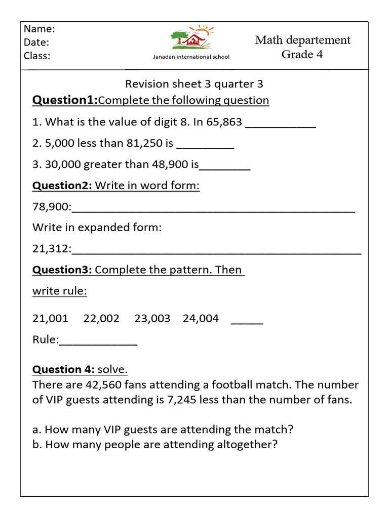 Revision Sheet 3 Quarter 3 Grade 4 | PDF | Numbers | Mathematics