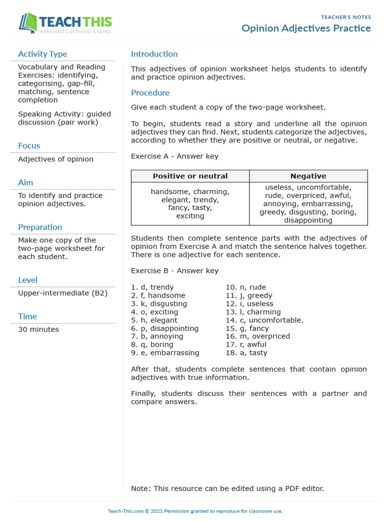 Opinion Adjectives Practice | PDF