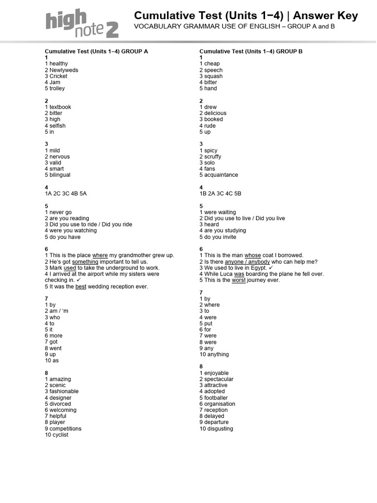 Unit 1-4 Cumulative Test Answer Key Group A B PDF | PDF