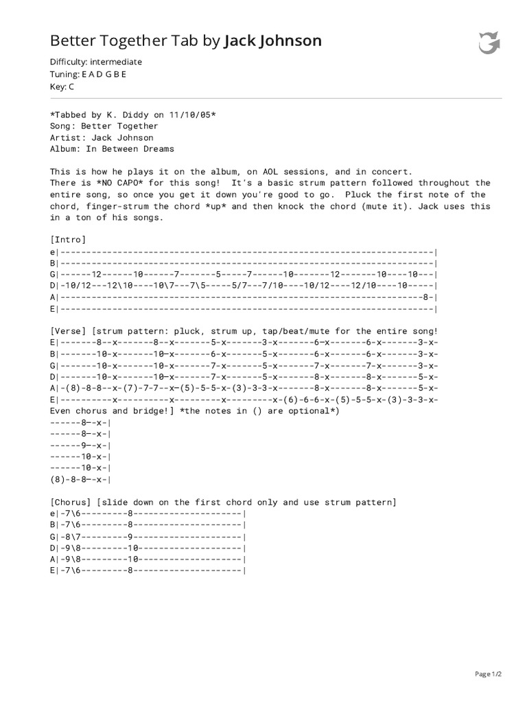Better Together Tab by Jack Johnsontabs @ Ultimate Guitar Archive | PDF ...