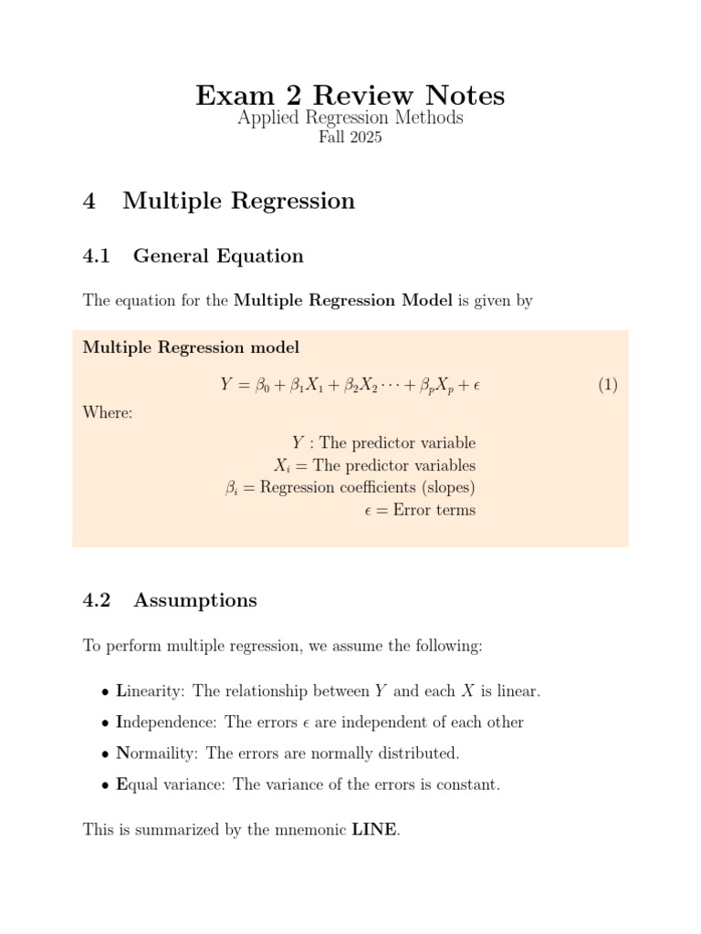 Regression Review Notes Exam 2 | PDF | Errors And Residuals | Ordinary ...