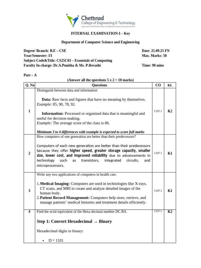 Internal Exam I - Key | PDF | Integrated Circuit | Central Processing Unit