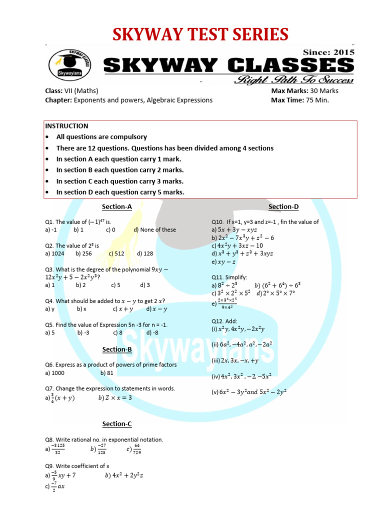 Exponents and powers, Algebraic Expression(27-10-24) (1) | PDF ...