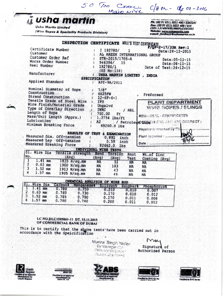 Aux Crane Main Hoist Wire Rope Manufacturer Certificate. Pedestal Crane ...