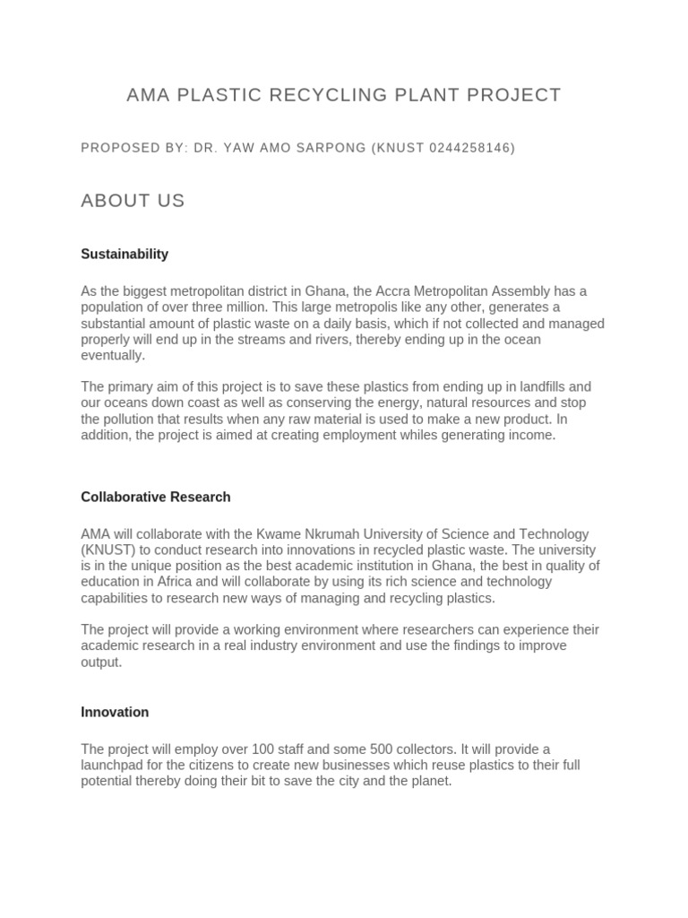 Ama Plastic Recycling Plant Project | PDF | Recycling | Plastic