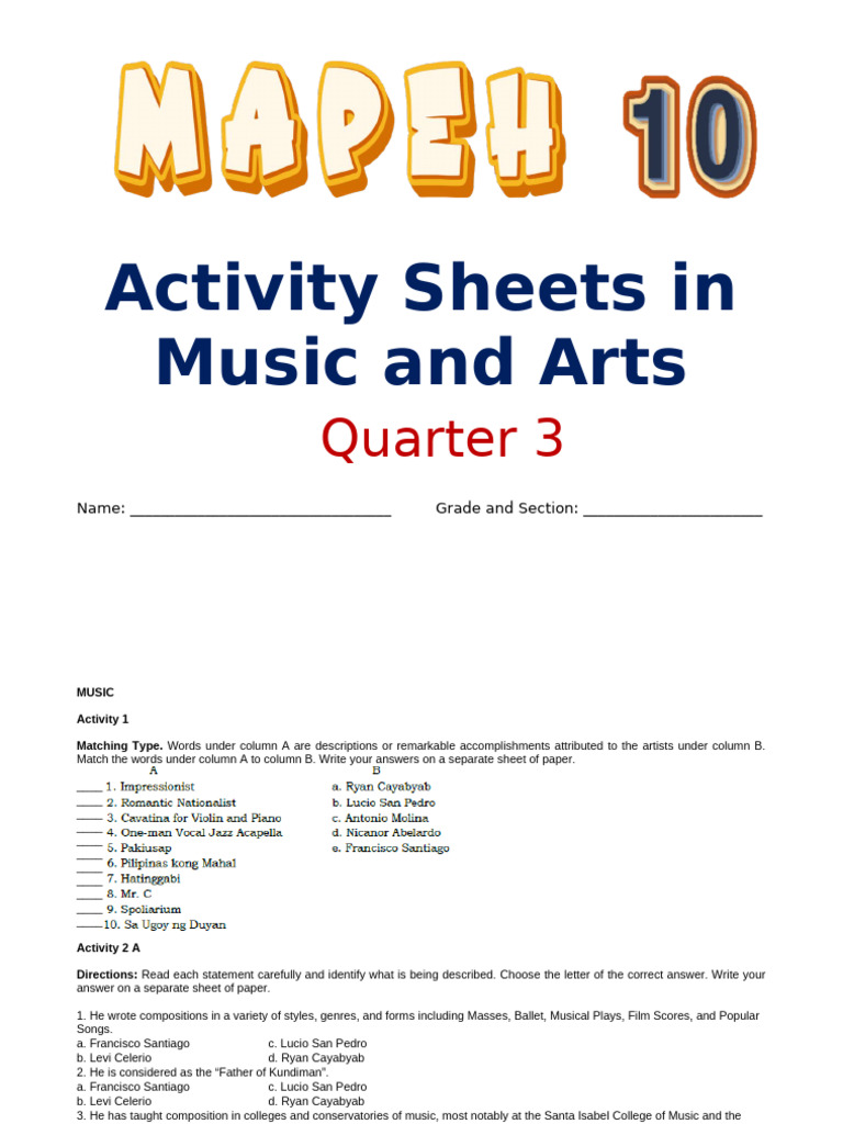 3rd Quarter Music and Arts Activity Sheets | PDF