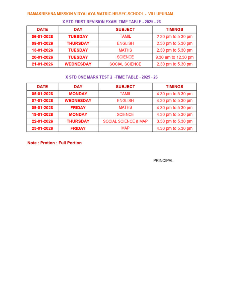 X STD First Revision Exam and One Mark Test Time Table 2025-26 | PDF