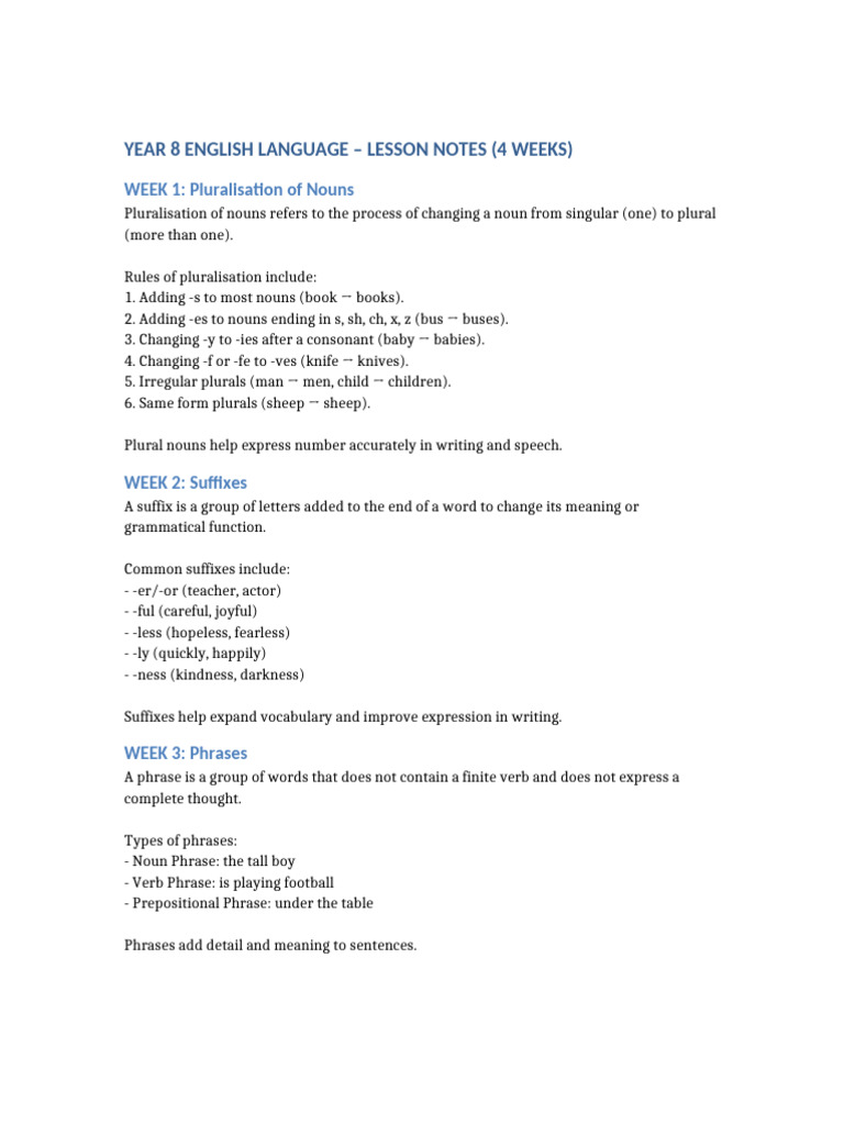 Year 8 English Lesson Notes | PDF