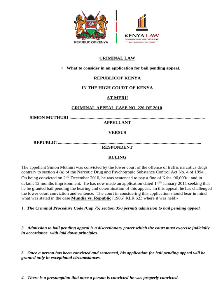 Simon Muthuri v Republic 2011kehc4150(Klr) | PDF | Bail | Appeal