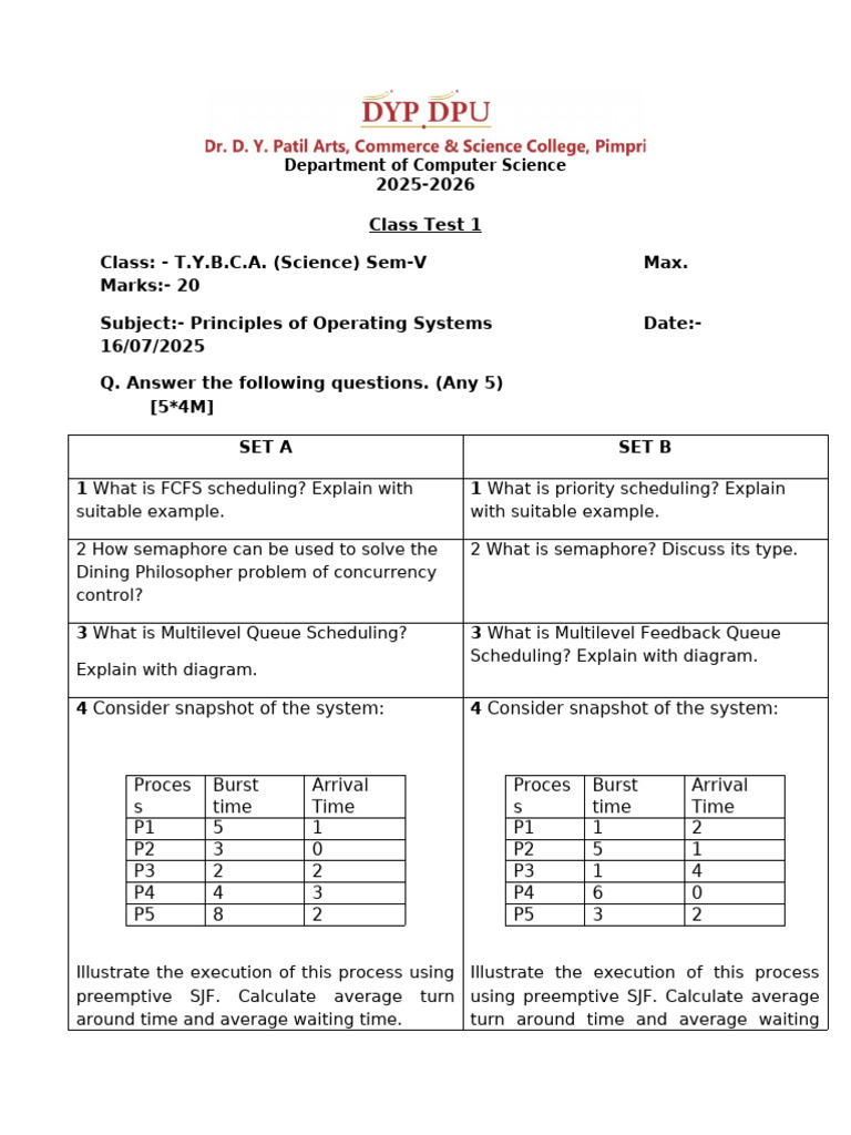 OS Class Test 1 Question Paper | PDF | Scheduling (Computing ...