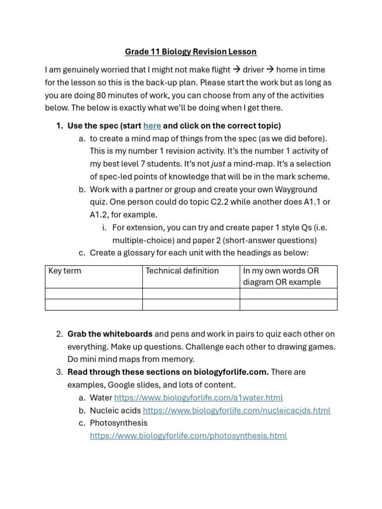 Grade 11 Biology Revision Lesson | PDF