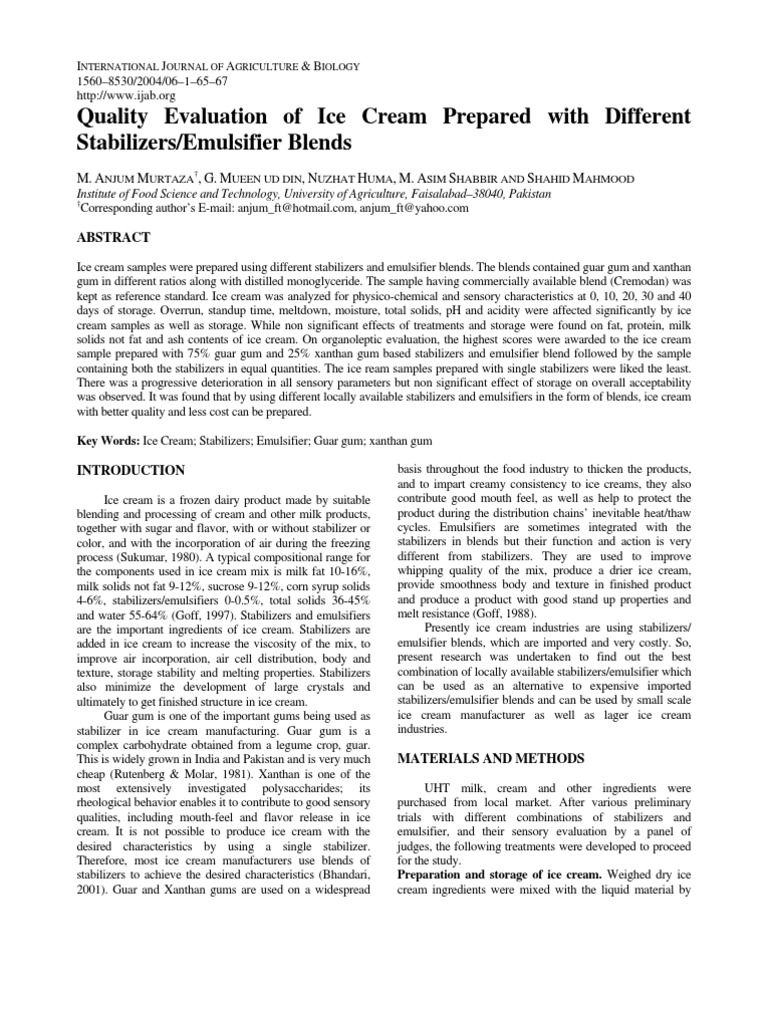 Quality Evaluation of Ice Cream Prepared With Different Stabilizers ...