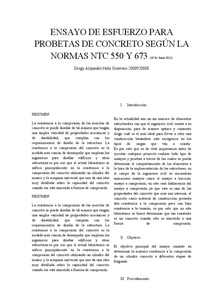 Ensayo de Esfuerzo para Probetas de Concreto Según La Normas NTC 550 y 673 | PDF | Hormigón ...