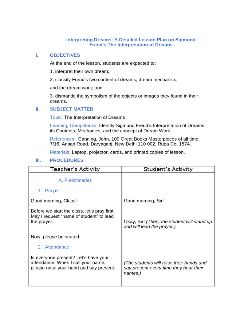 Detailed Lesson Plan (Interpretation of Dreams) | PDF | Dream ...