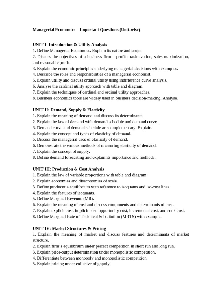 Important Questions - Managerial Economics | PDF | Demand | Monopoly