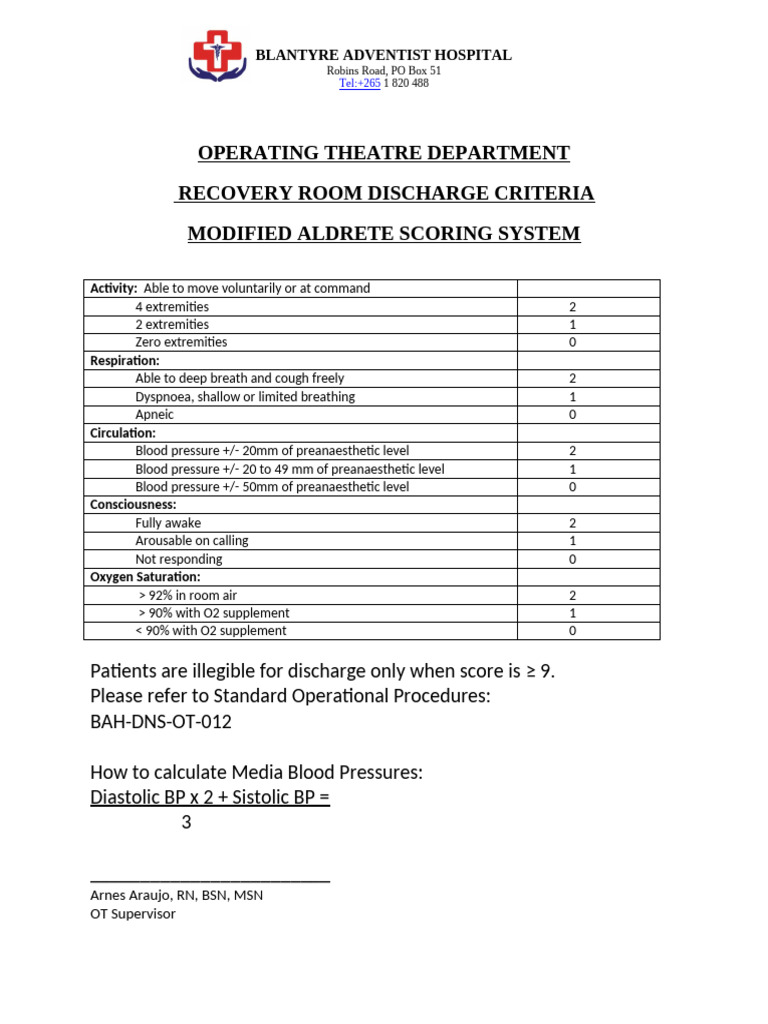 Aldrete Scoring Criteria | PDF