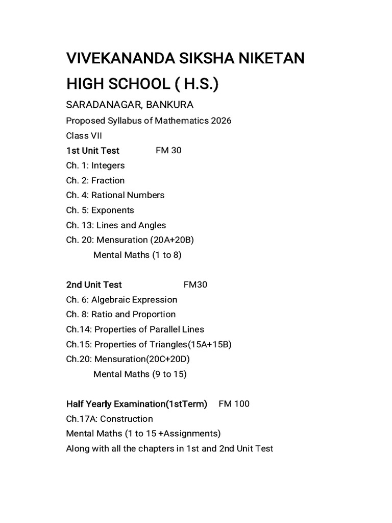 Class VII Mathematics Syllabus 2026 | PDF