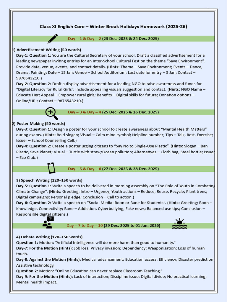 Winter Break 2026 HHW Class XI English Core | PDF | Reality