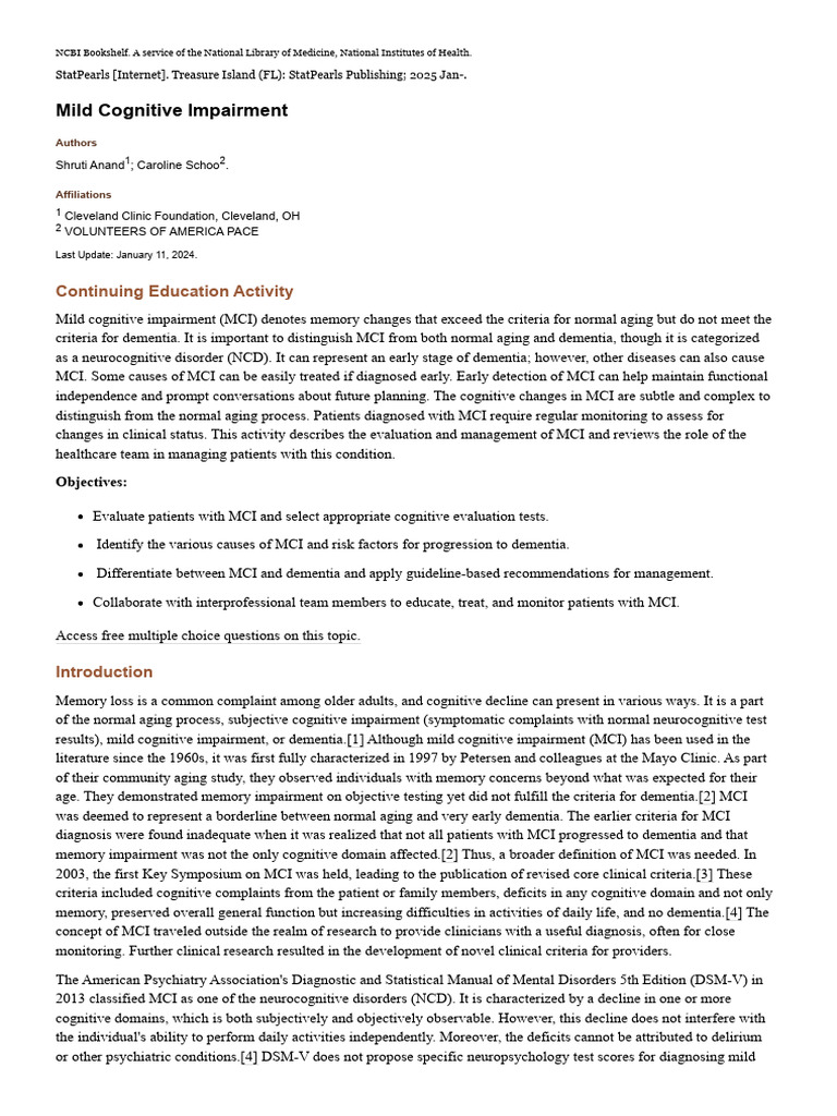 Mild Cognitive Impairment - StatPearls - NCBI Bookshelf | PDF ...