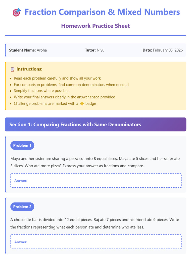 Fraction Comparison & Mixed Numbers - Homework Sheet | PDF