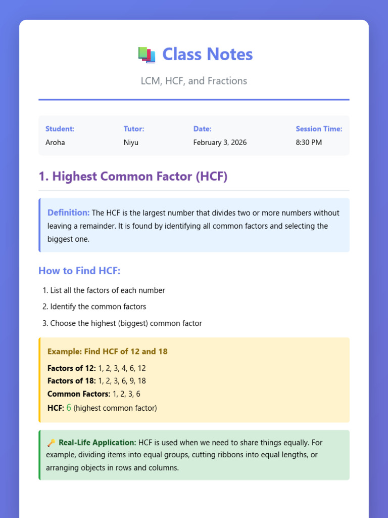 Class Notes - LCM, HCF, and Fractions | PDF | Mathematics | Arithmetic