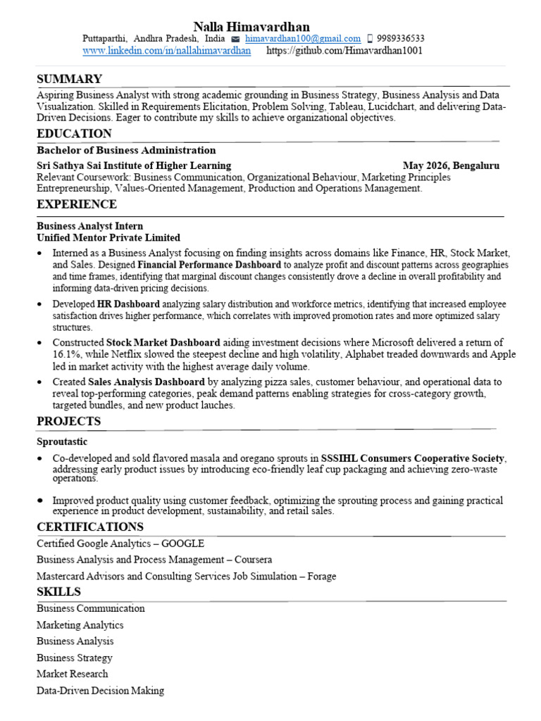 Nalla Himavardhan Resume 1-1 | PDF | Analytics | Strategic Management