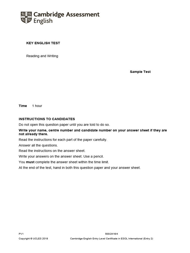 A2 Key 2020 Sample Tests Reading and Writing - Question Paper | PDF ...