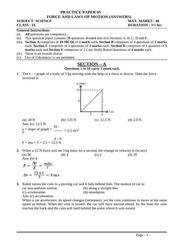 Force and Laws of Motion Practice Answers | PDF | Force | Mass