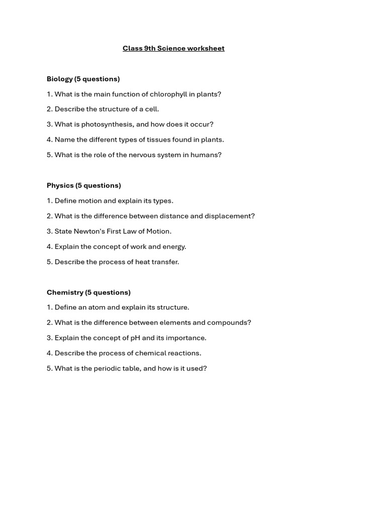9th Science Worksheet | PDF