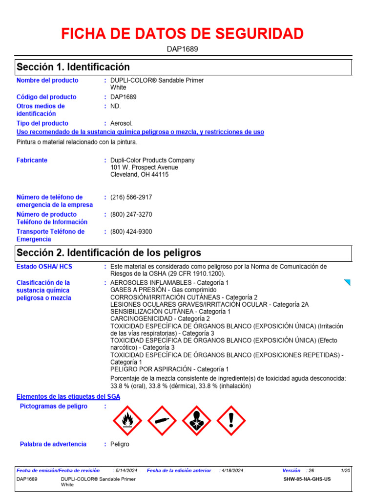 Sds-pp01-0005 Paint-Spray Primer Aerosols (Spanish) | PDF | Toxicidad